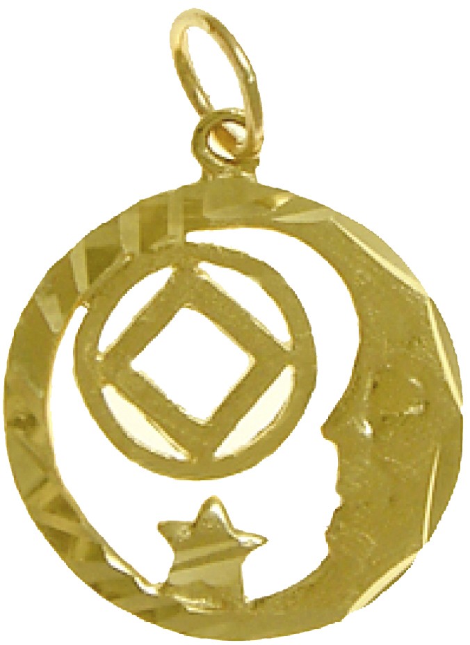14k Gold Moon and Star with NA Symbol Medium Size Pendant