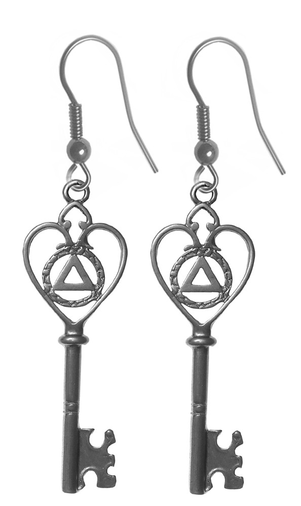 Sterling Silver Large Heart AA Symbol Key Earrings