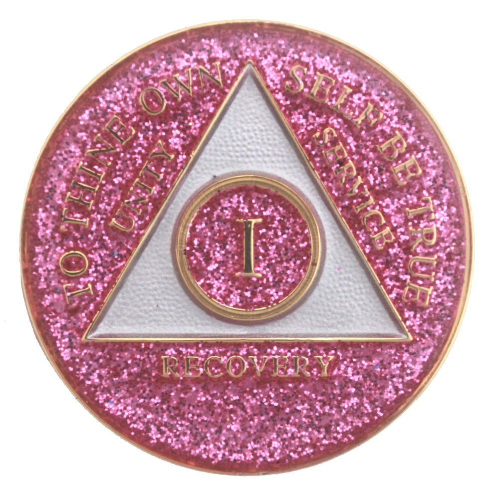 Glitter Pink AA Recovery Medallion | Pink Sobriety Medallion